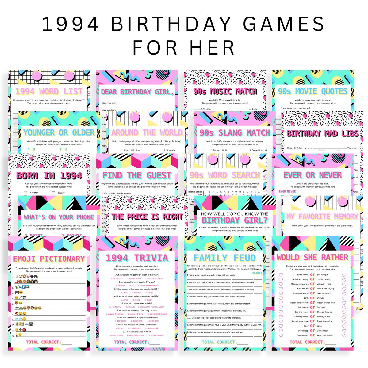 Born in 1994 Birthday Games | Memphis Themed | Nineties Party