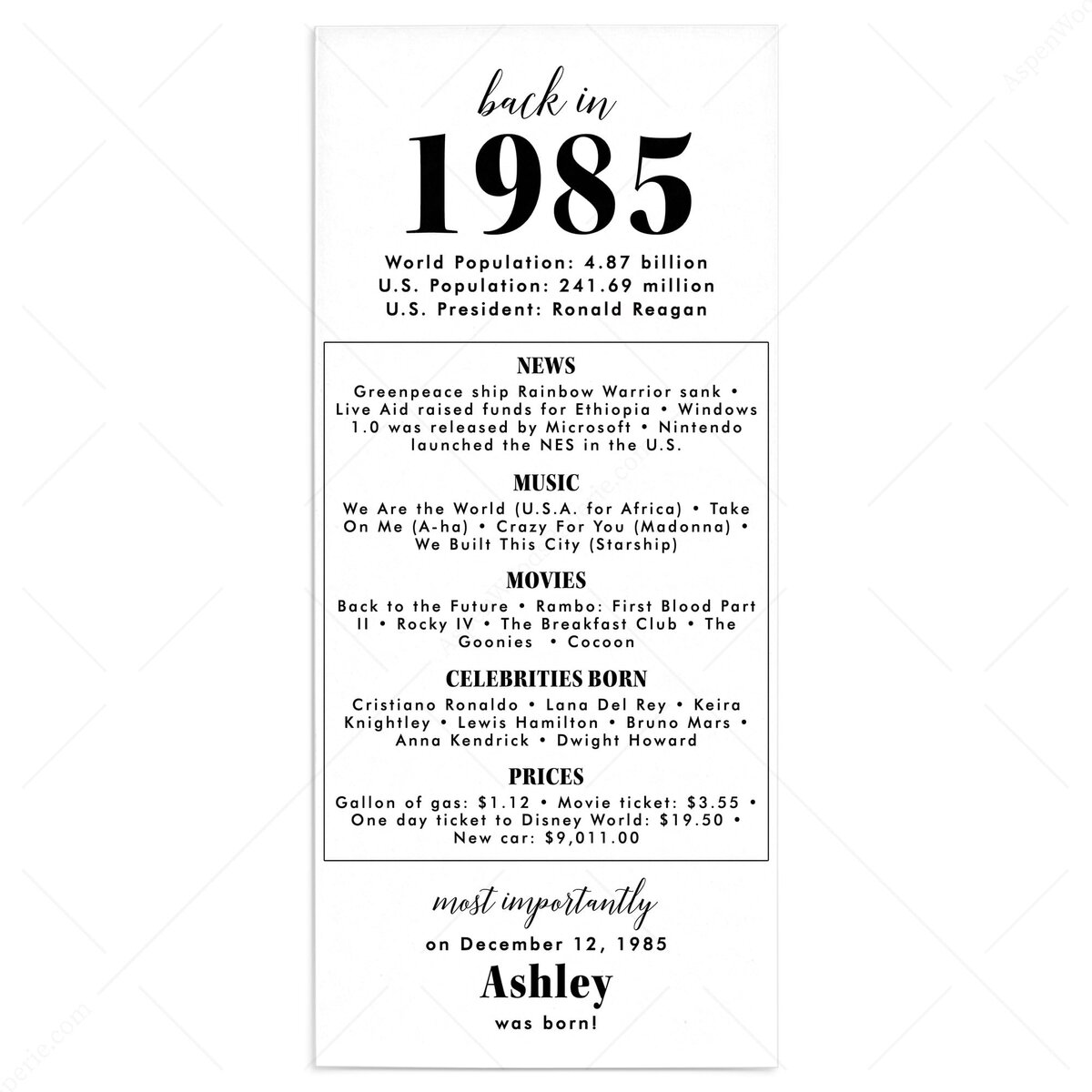 1985 Birthday Party Decorations | Personalizable Trivia Cards