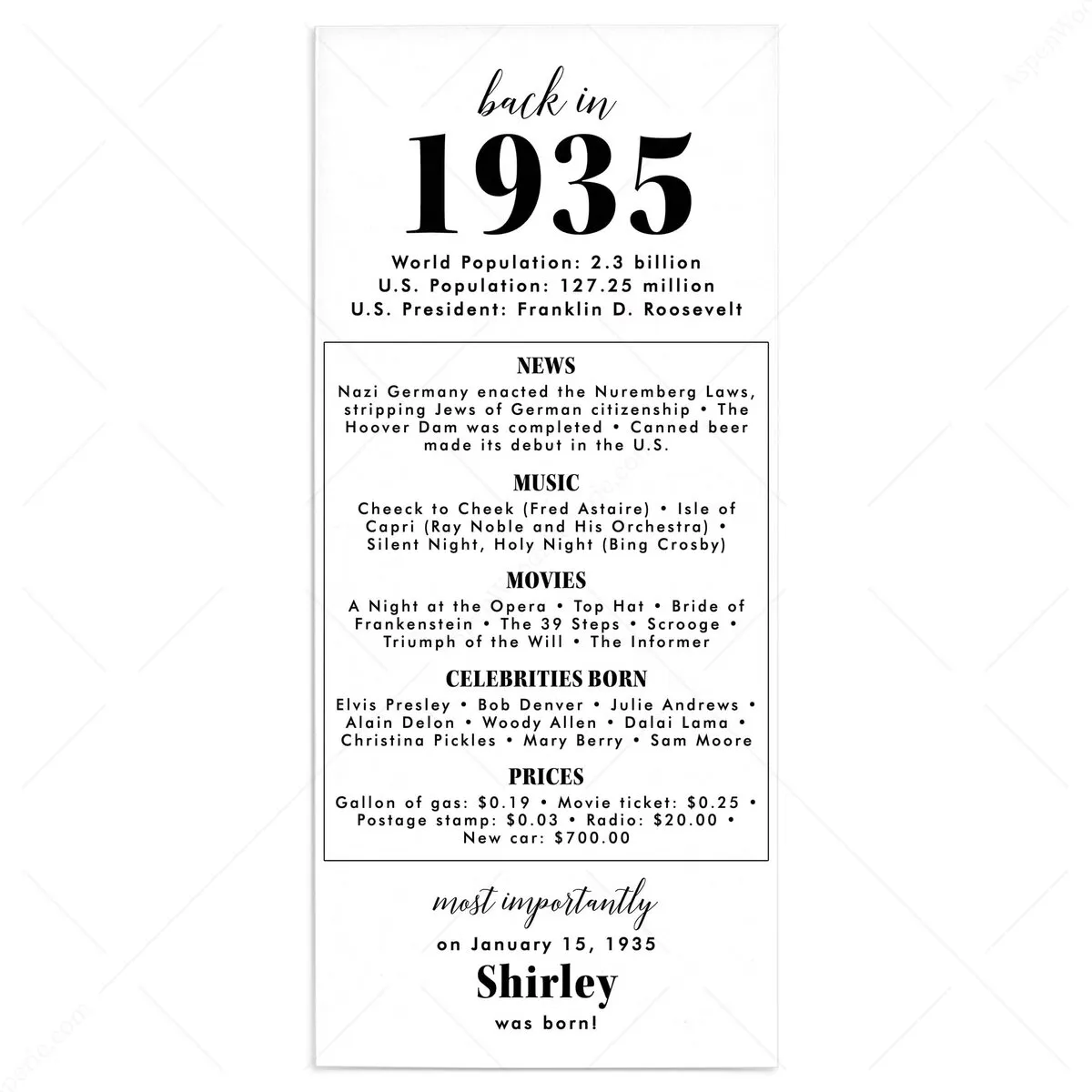 Way Back in 1935 Birthday Party Table Decor Card | Template