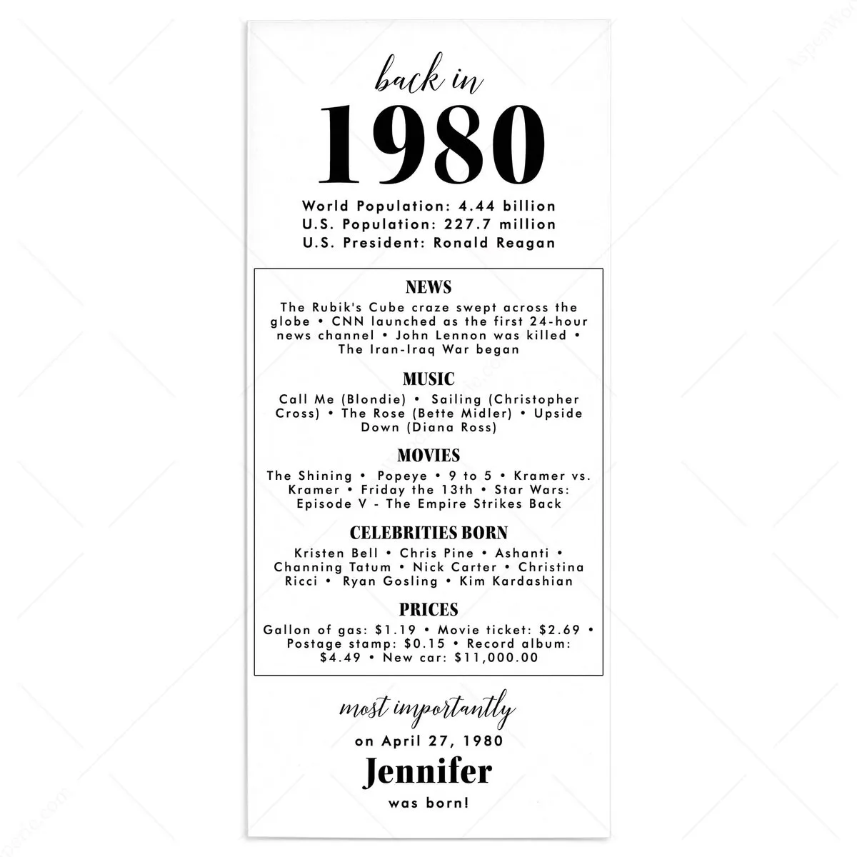 Back to 1980 Birthday Trivia Fun Facts Card | Printable