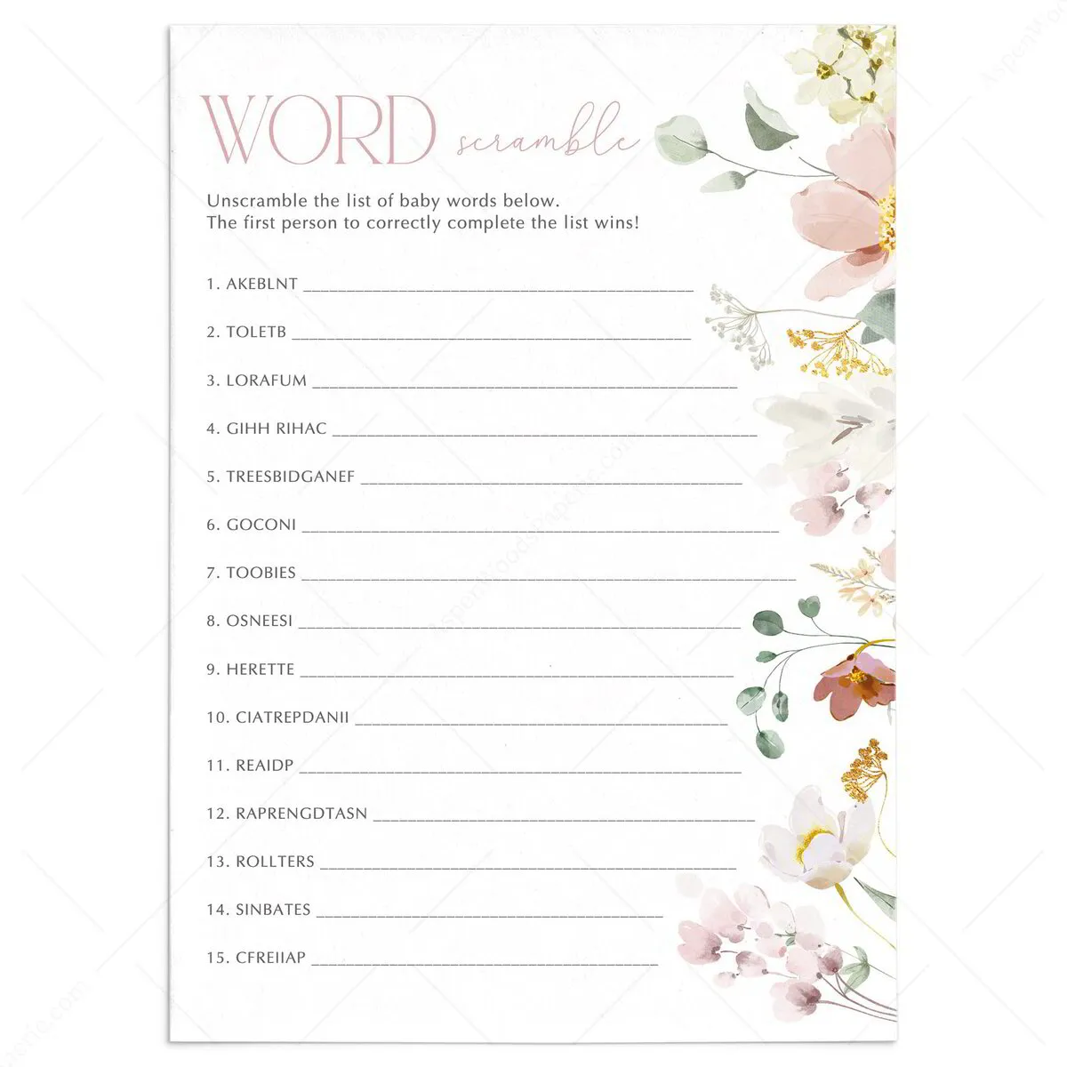 Word Scramble Baby Shower Game Printable | Delicate Flower Design