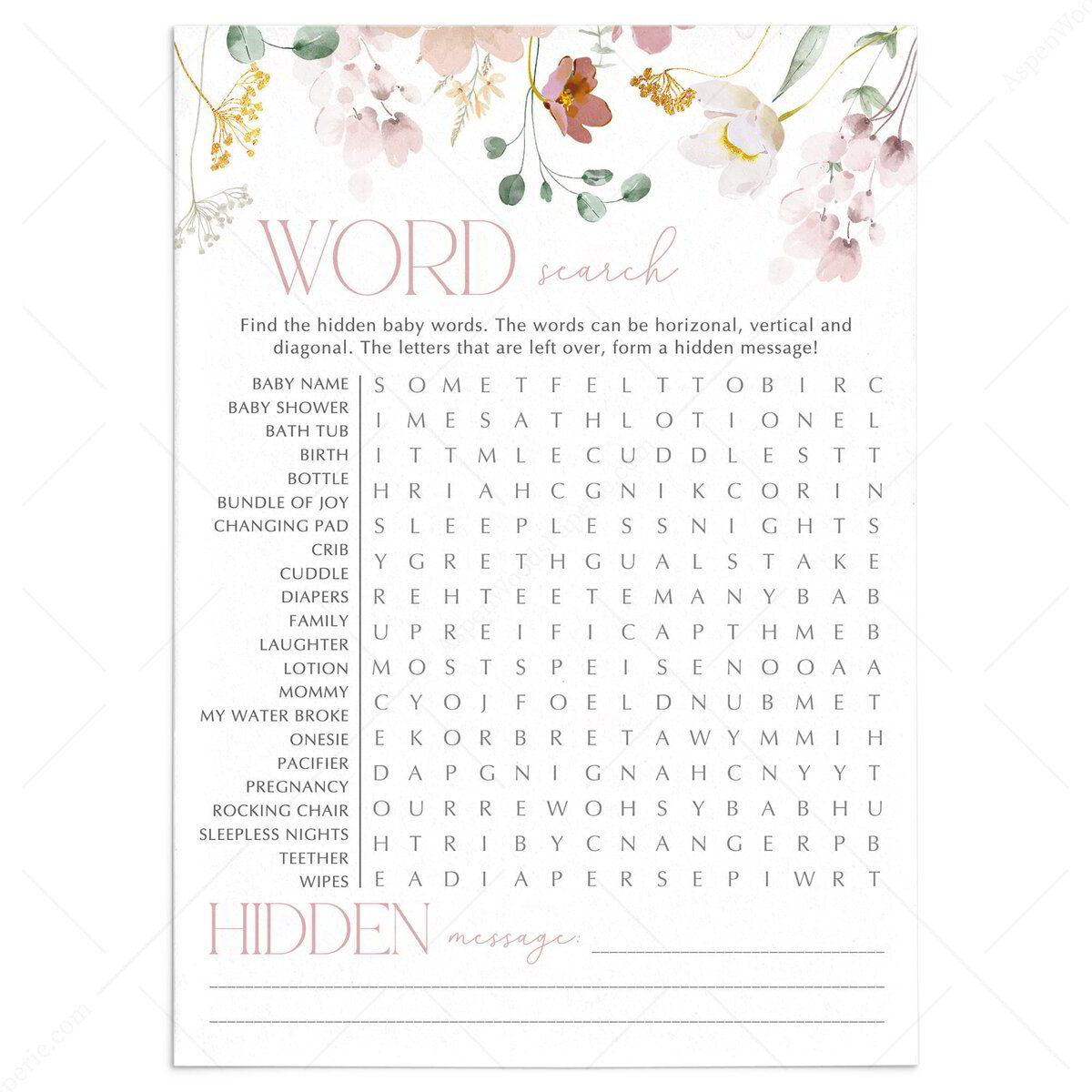 Wildflowers Themed Word Search Baby Shower Puzzle | Printable