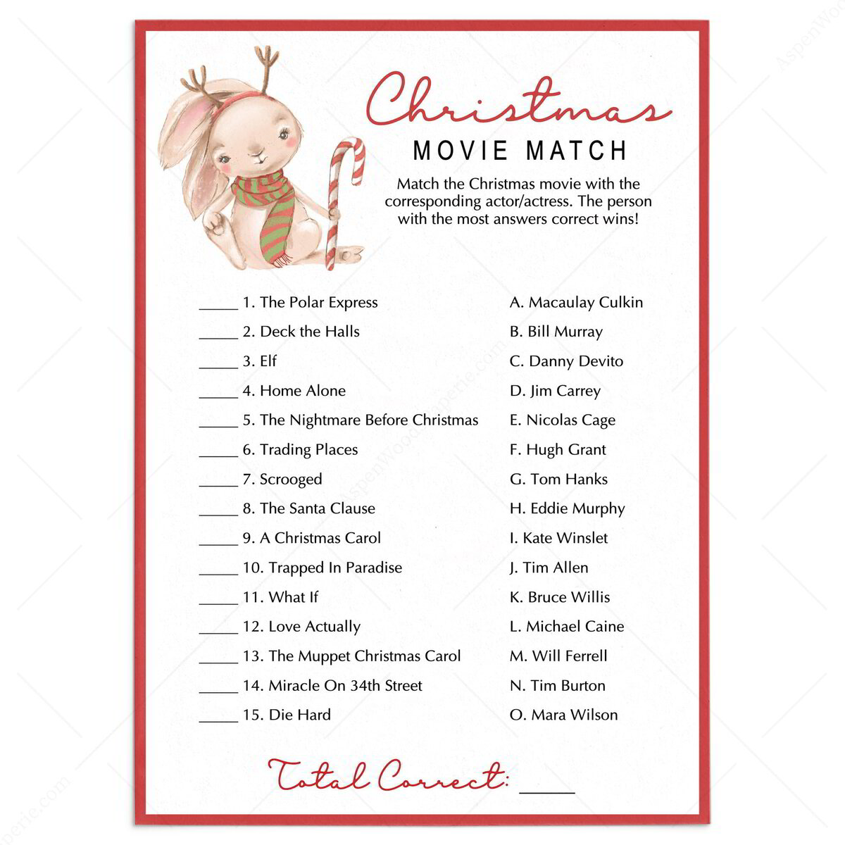 Unique Holiday Movie Matching Game with Answer Key | Printable