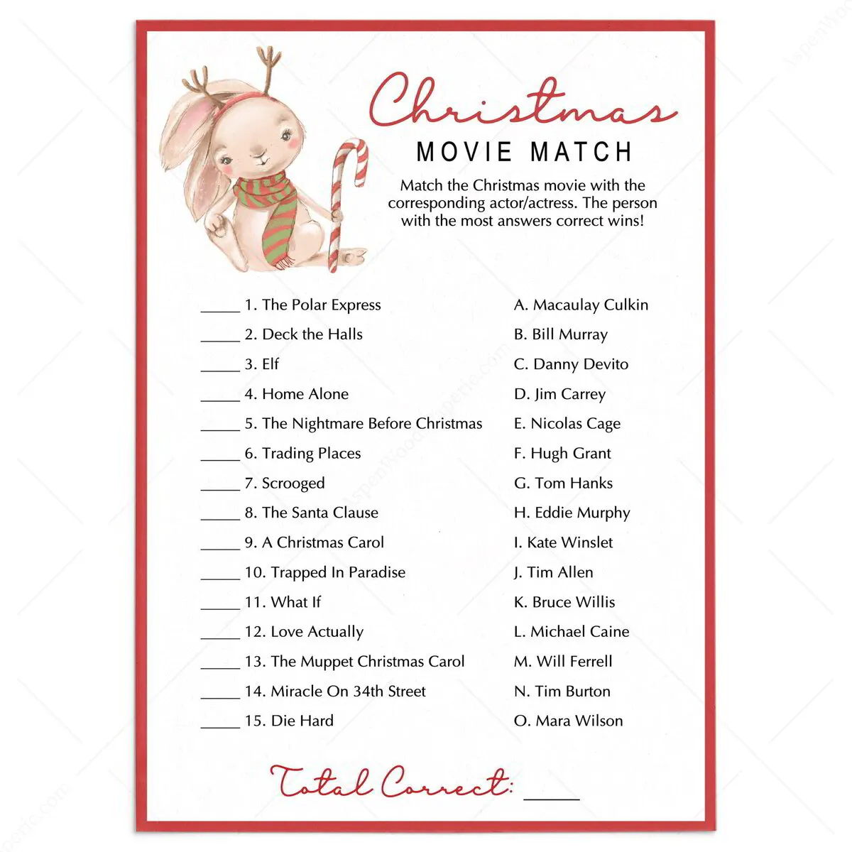 Unique Holiday Movie Matching Game with Answer Key | Printable