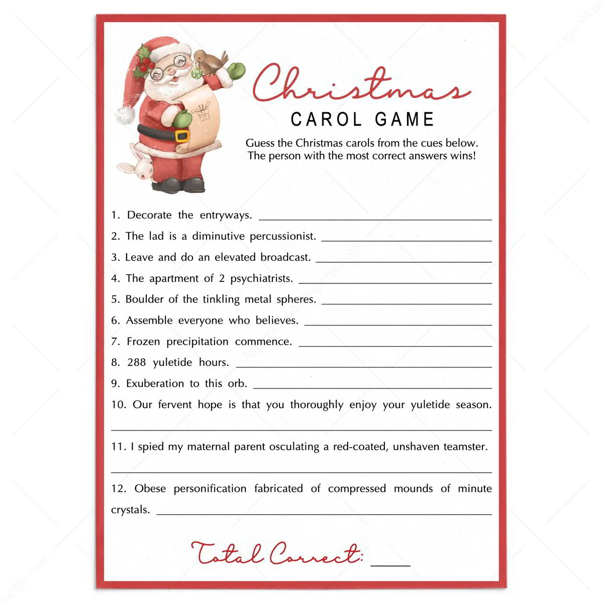 Hilarious Christmas Carol Game Instant Download | Answers Included