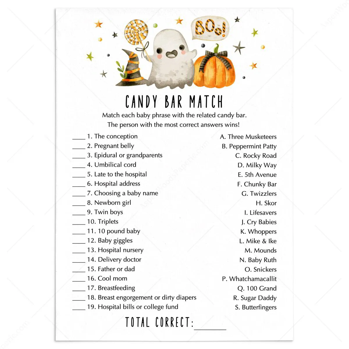 Match the Baby Candy Bar Game Printable | Answer Key