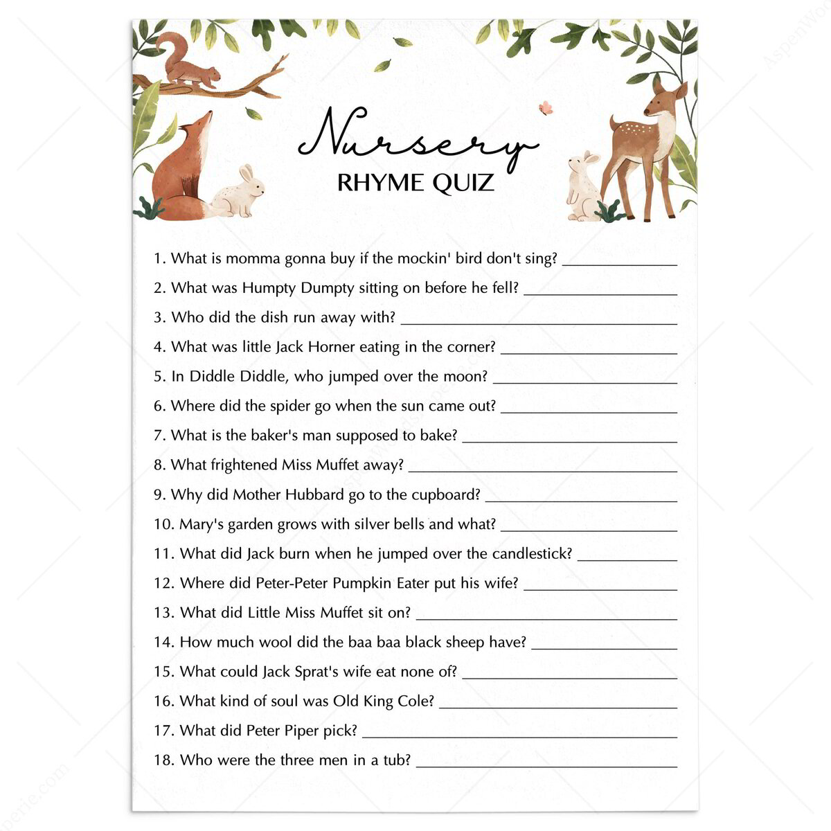 Nursery Rhyme Quiz Questions | Adorable Baby Shower Game