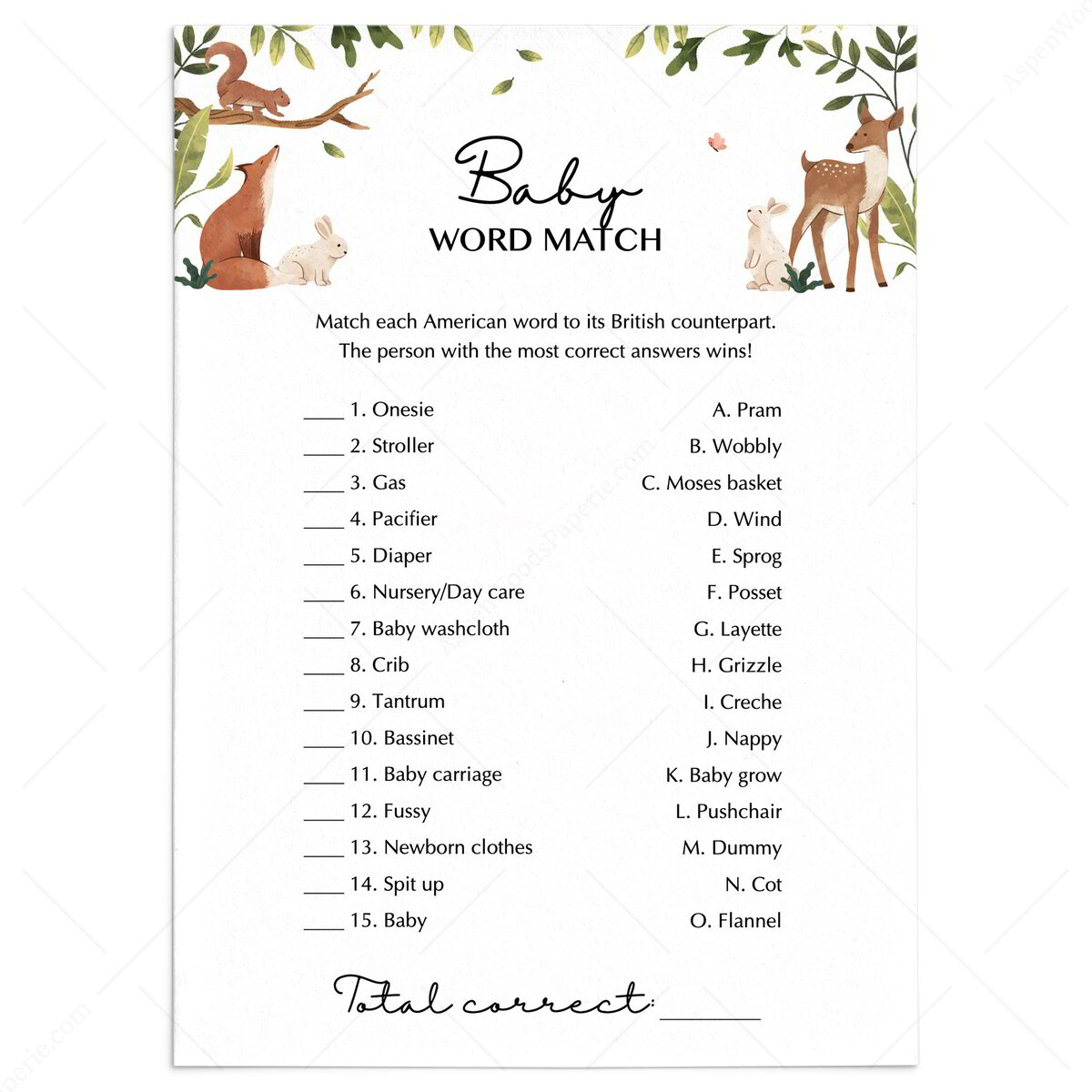 Baby Word Match Game | Woodland Themed Baby Shower