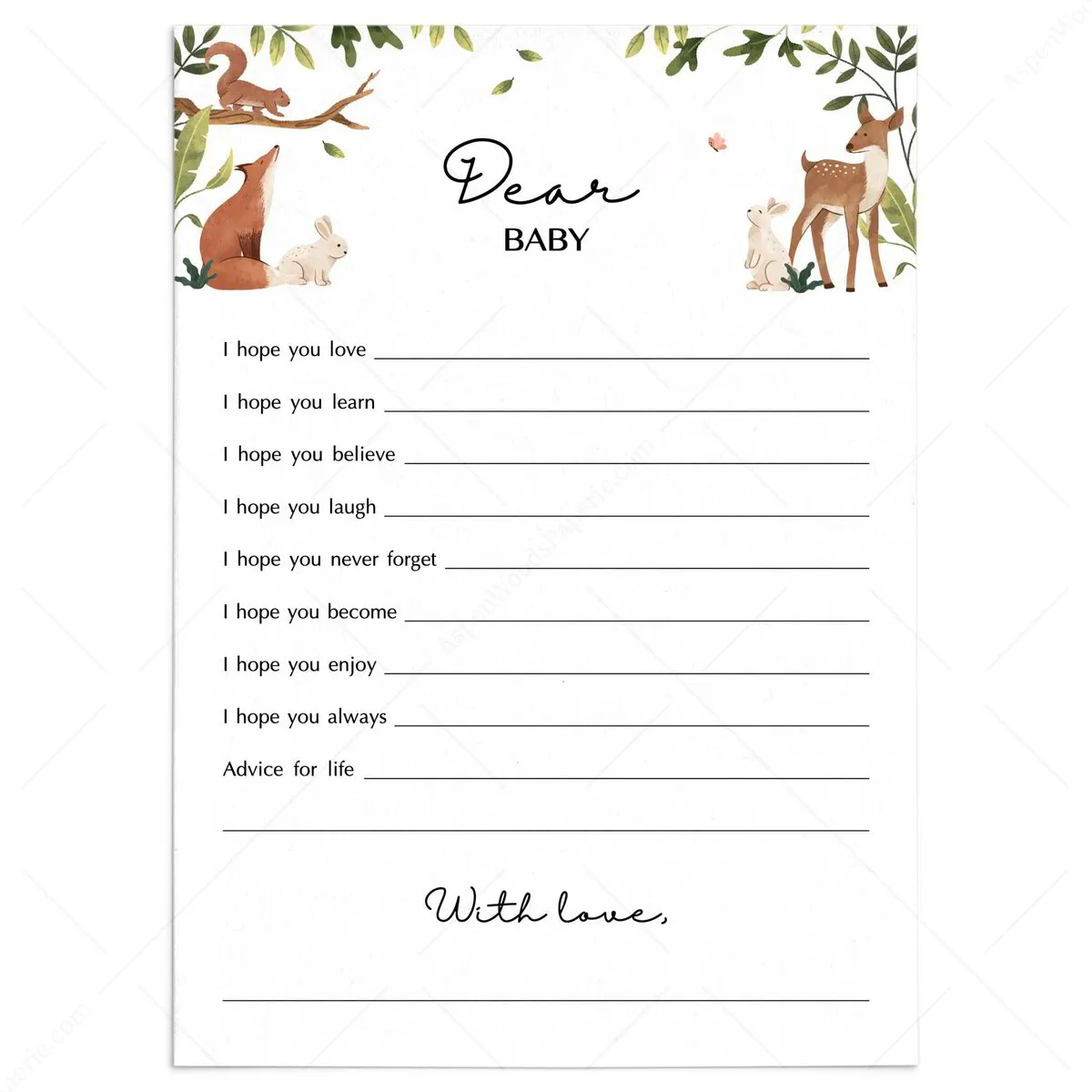 Dear Baby Wishes Card | Forest Animals Baby Shower