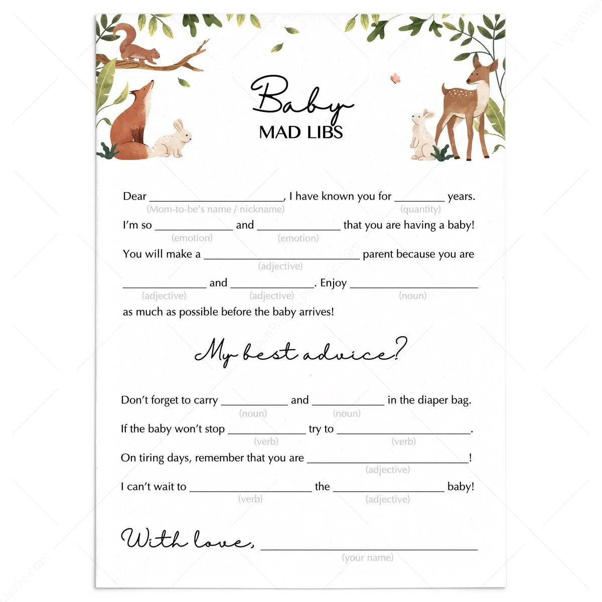 Baby Shower Game Mad Libs Printable