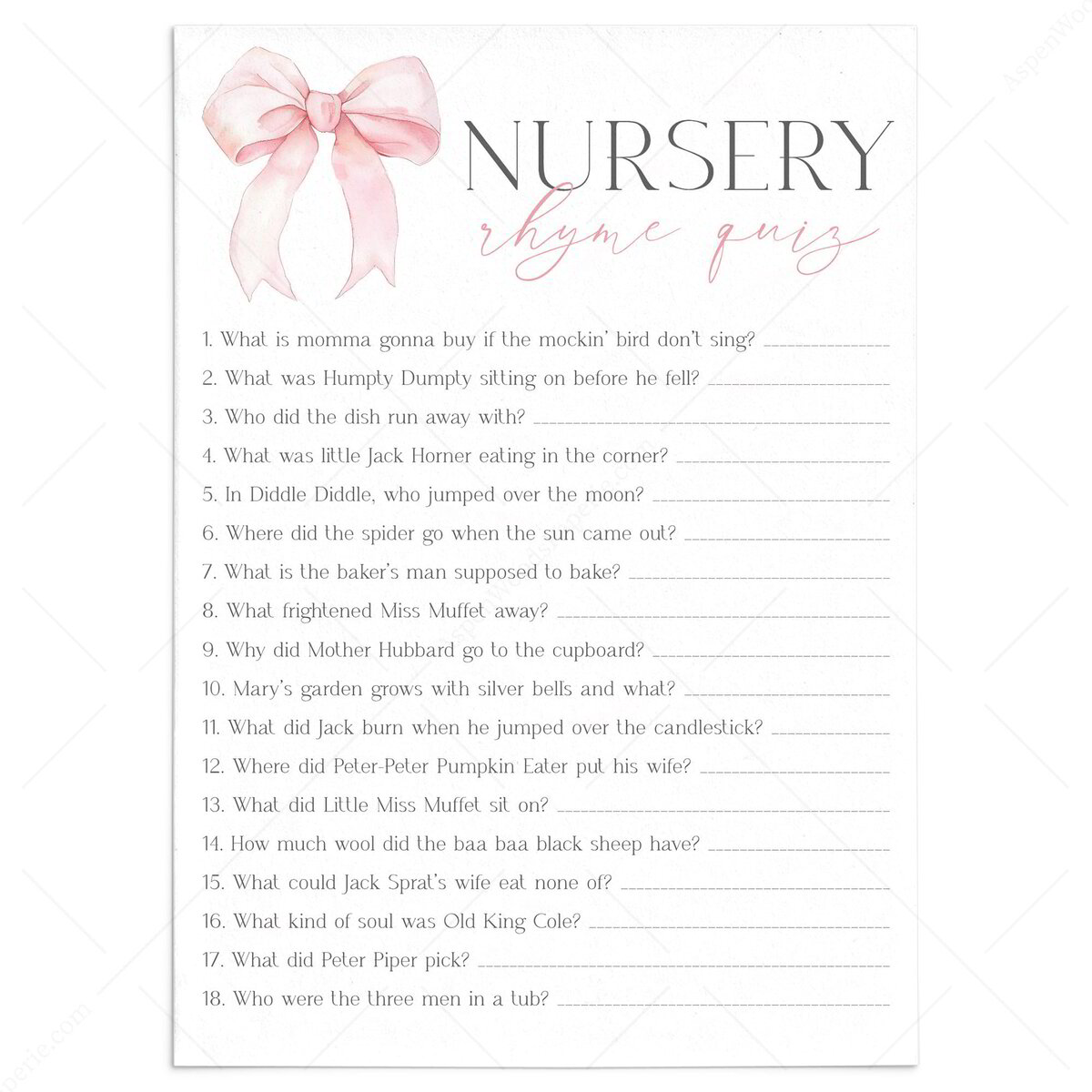 Cute Nursery Rhyme Quiz Game | Pink Bow Baby Shower