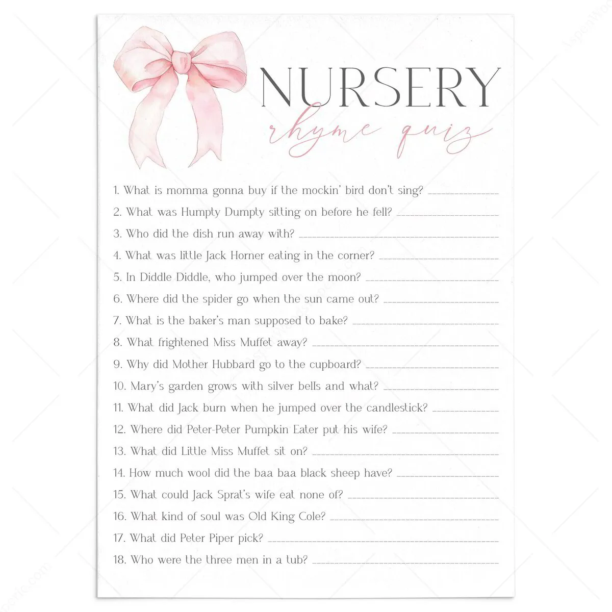 Cute Nursery Rhyme Quiz Game | Pink Bow Baby Shower