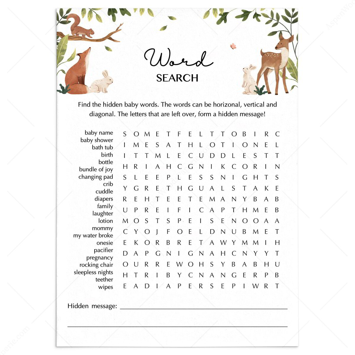 Baby Shower Word Search Puzzle Baby Shower Word Search Game Cards