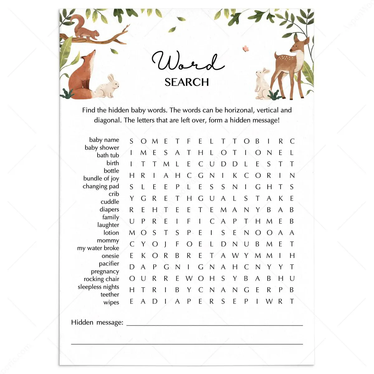 Cute Woodland Baby Shower Word Search Game | Download Now