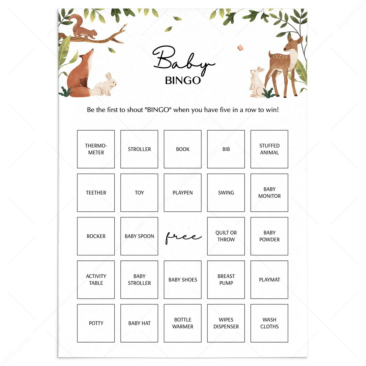 Woodland Baby Shower Bingo Cards Printable | Set of 60
