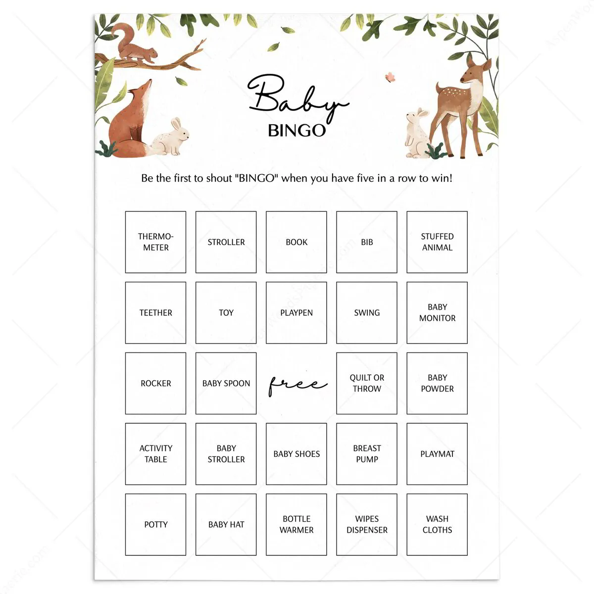 Woodland Baby Shower Bingo Cards Printable | Set of 60