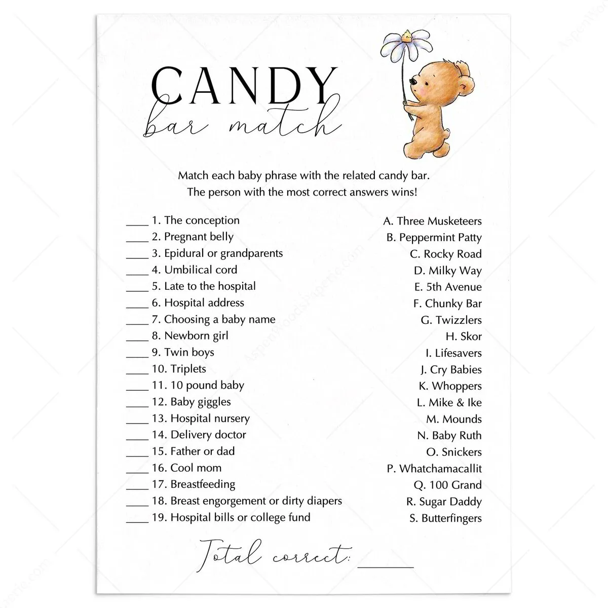 Teddy Bear Baby Shower Candy Bar Match Game Printable