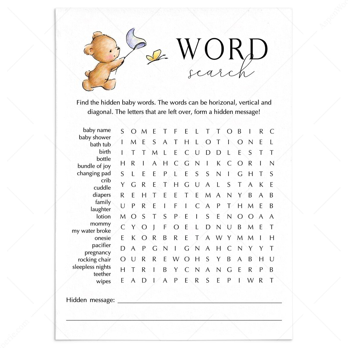 Fun Word Search Puzzle | Baby Shower Little Cub Theme