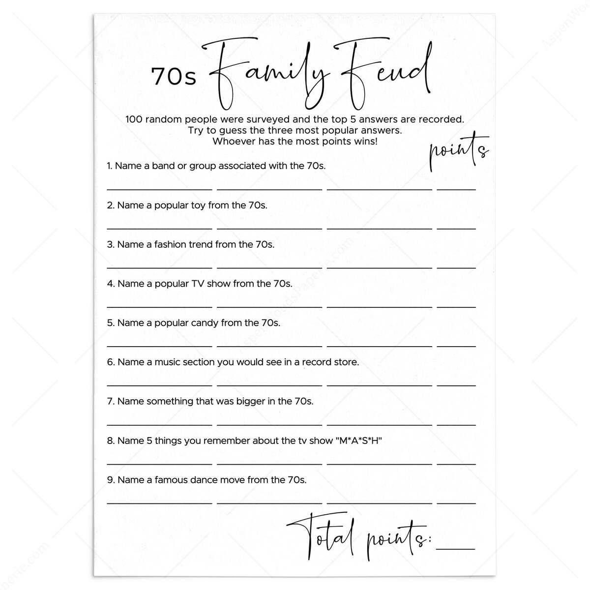 Printable Family Feud Questions and Answers | 70s Edition