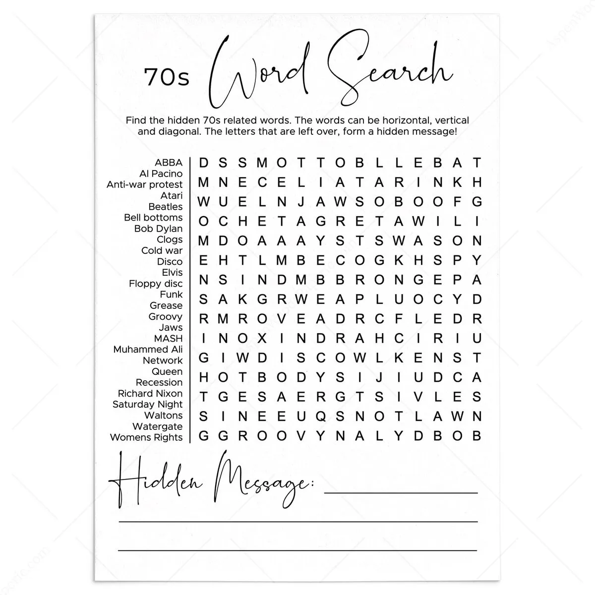 Fun 70s Word Search Game with Hidden Message | Printable