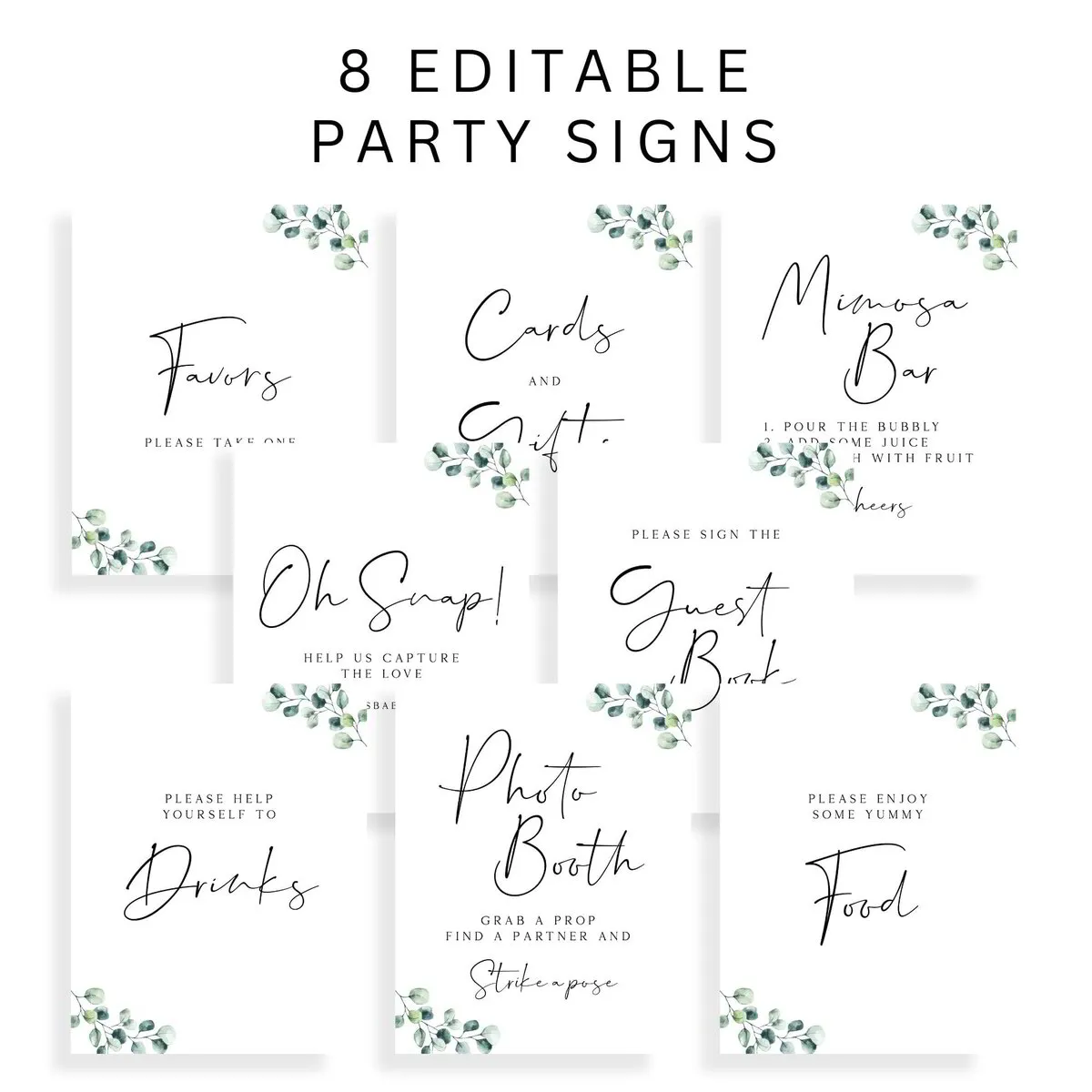Eucalyptus Party Signs Bundle | 8 Editable Templates