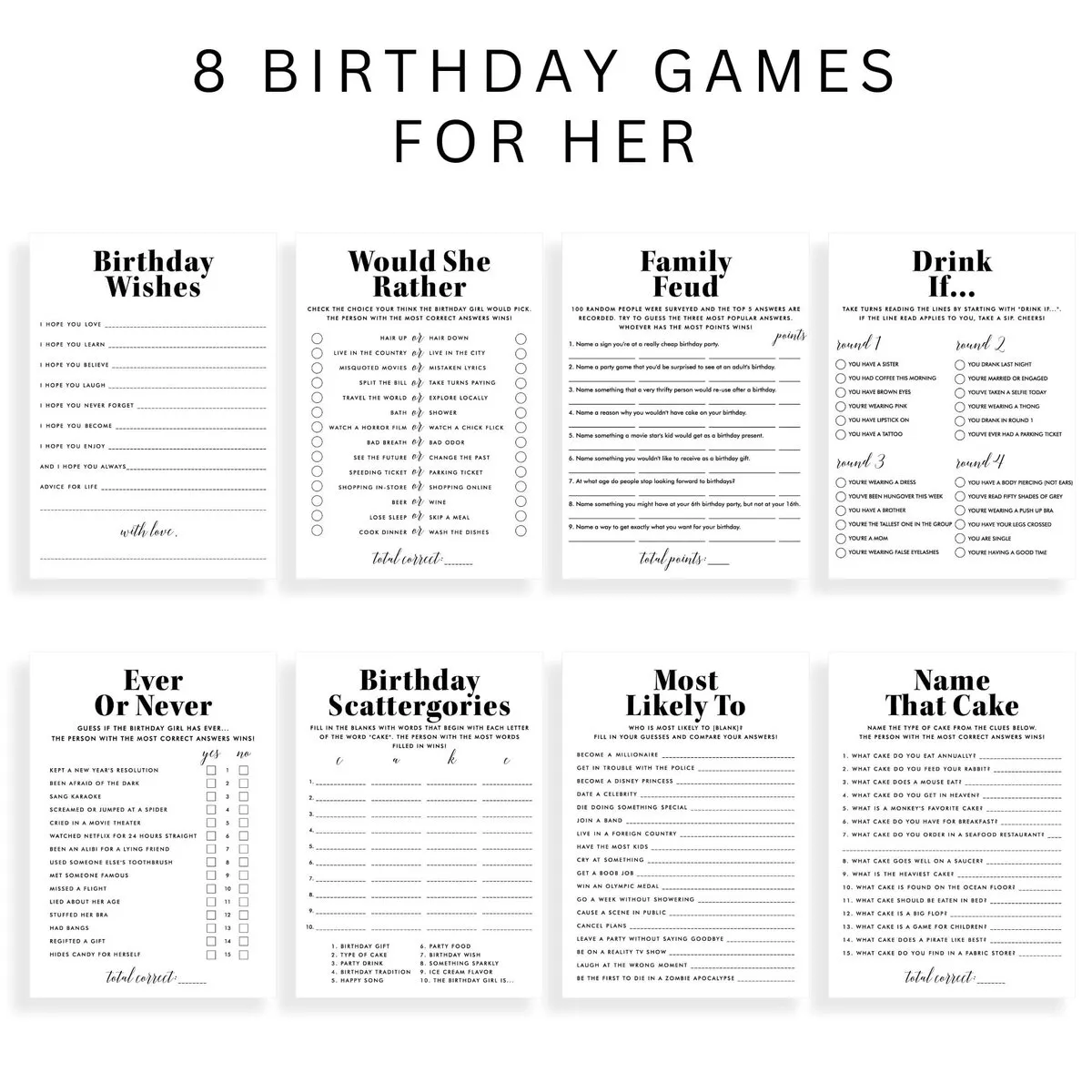 Adult Birthday Games for Her Printable | Modern Themed