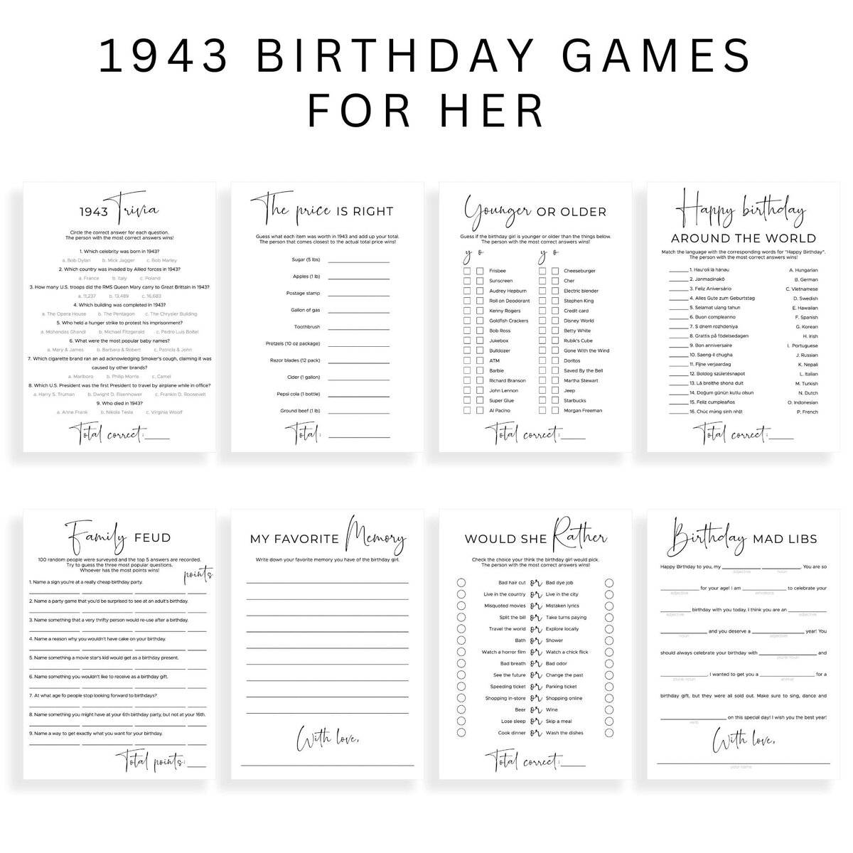 Born in 1943 Birthday Games Bundle for Her