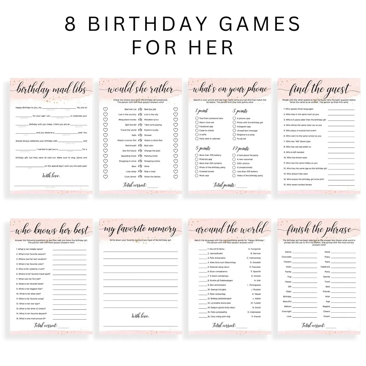 Womens Birthday Games Bundle Printable | Minimalist Theme