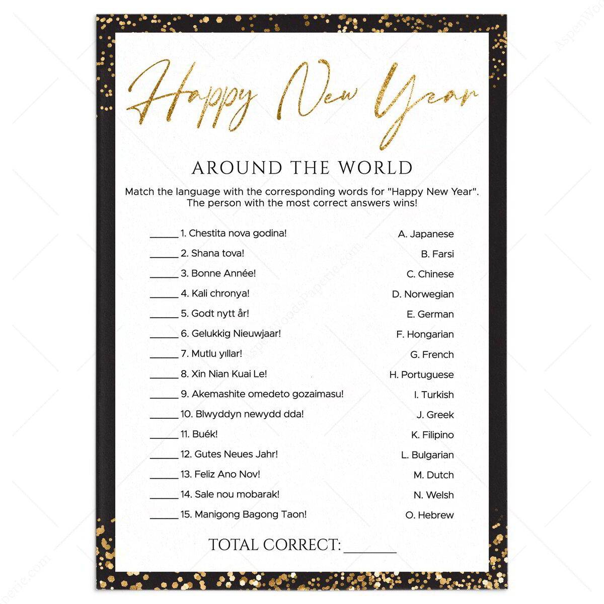 Happy New Year Around the World Game | Instant Download