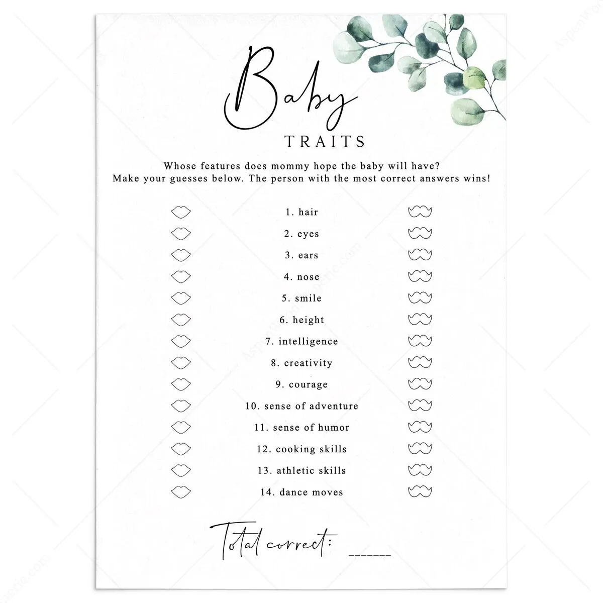 Fun Baby Traits Game | Greenery Baby Shower Ideas | Printable