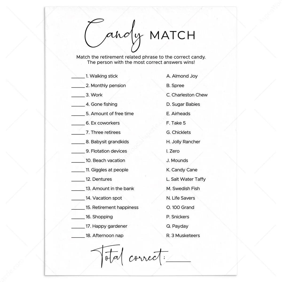 Candy Match Up Game for Retirement Party Activities | Printable Game