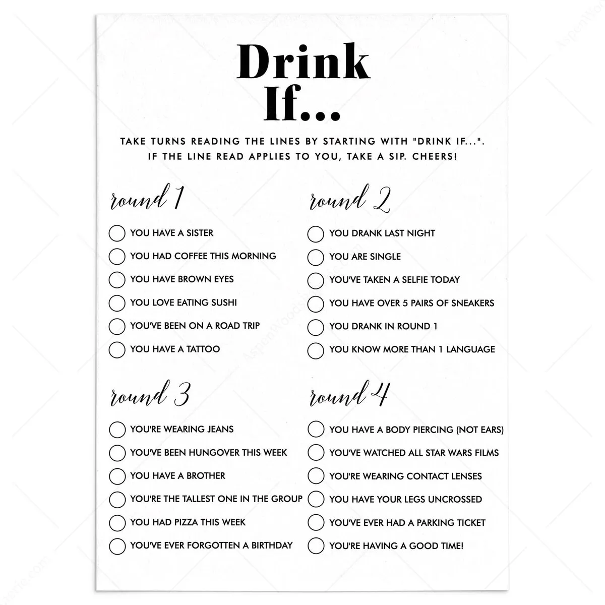 Drink If Printable | 21st Drinking Game for Birthday Party | Instant ...