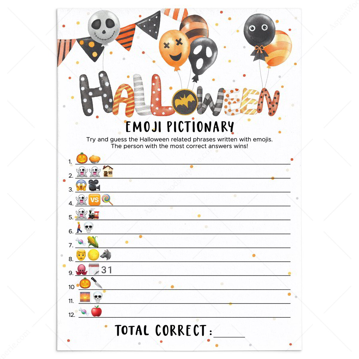 Black and Orange Halloween Emoji Pictionary with Answers | Printable