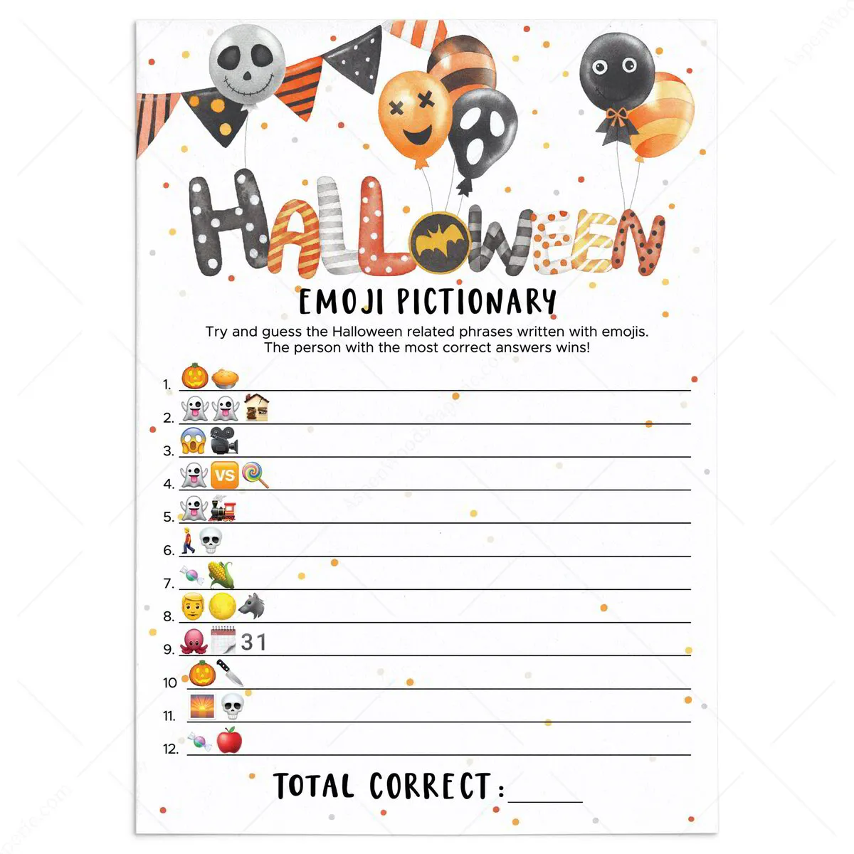 Black and Orange Halloween Emoji Pictionary with Answers | Printable
