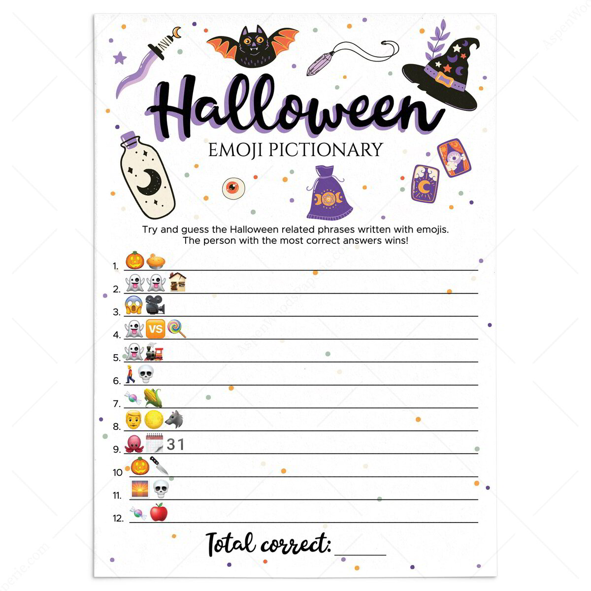Witchy Halloween Emoji Pictionary Printable Game | Answer Key Included