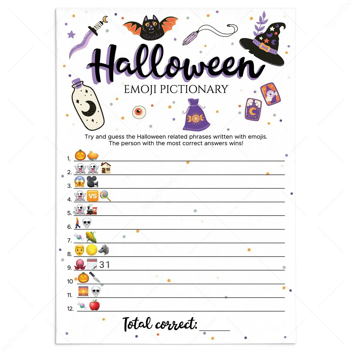 Witchy Halloween Emoji Pictionary Printable Game | Answer Key Included