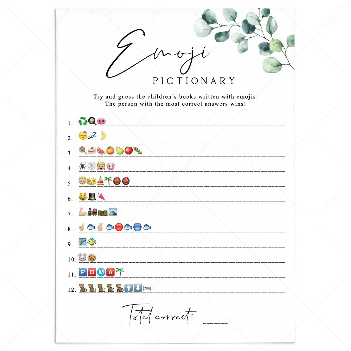 Childrens Books Emoji Pictionary Game | Greenery Babyshower Game