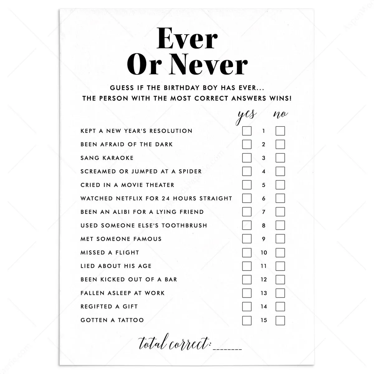 Modern Birthday Ever or Never Game Printable for Birthday Boy ...
