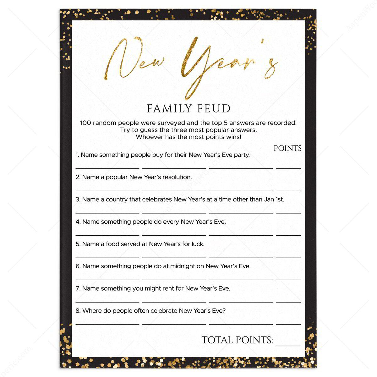 Black and Gold New Years Eve Family Feud Game | Printable