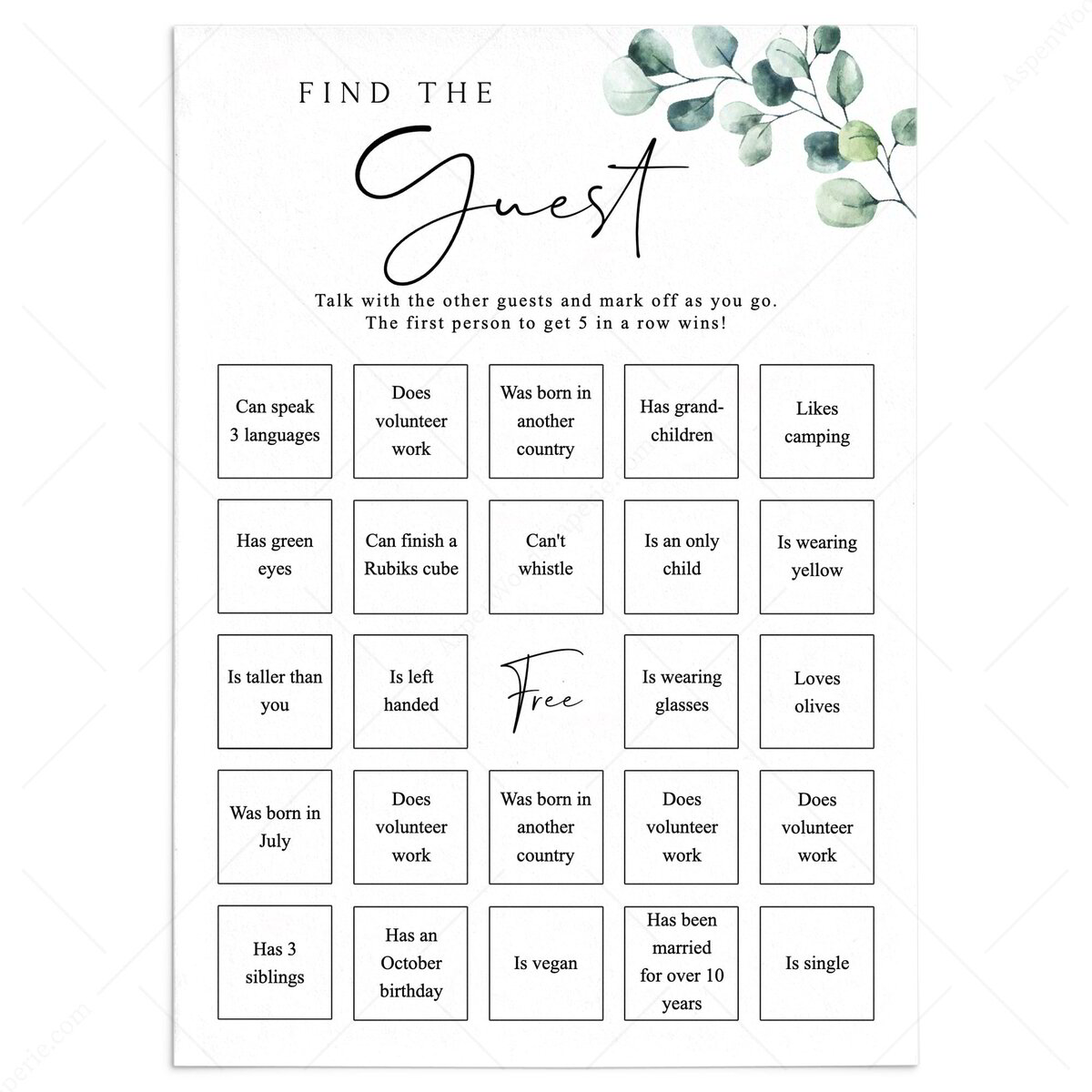 Eucalyptus Baby Shower Find the Guest Bingo Card Printable | Greenery Theme