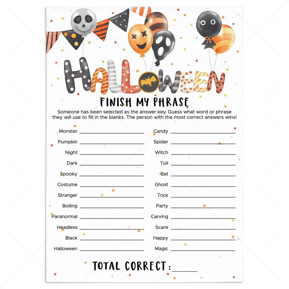 Festive Finish My Phrase Halloween Game | Instant Download