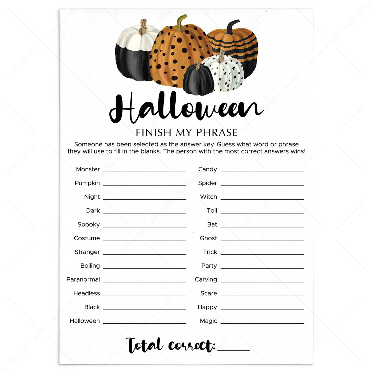 Finish My Phrase Halloween Game Printable | Pumpkin Design