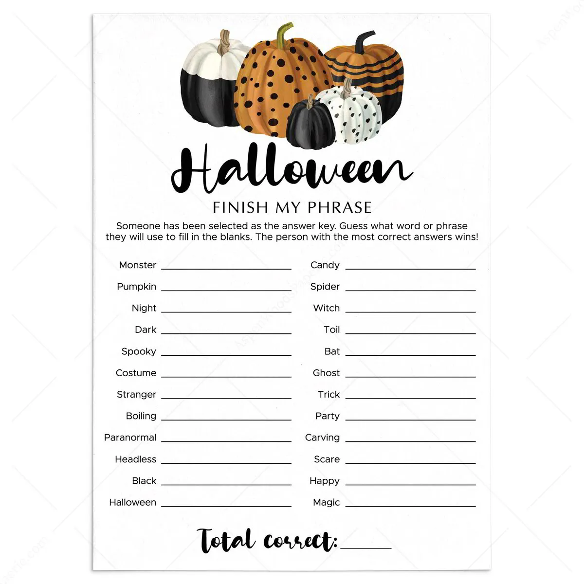 Finish My Phrase Halloween Game Printable | Pumpkin Design