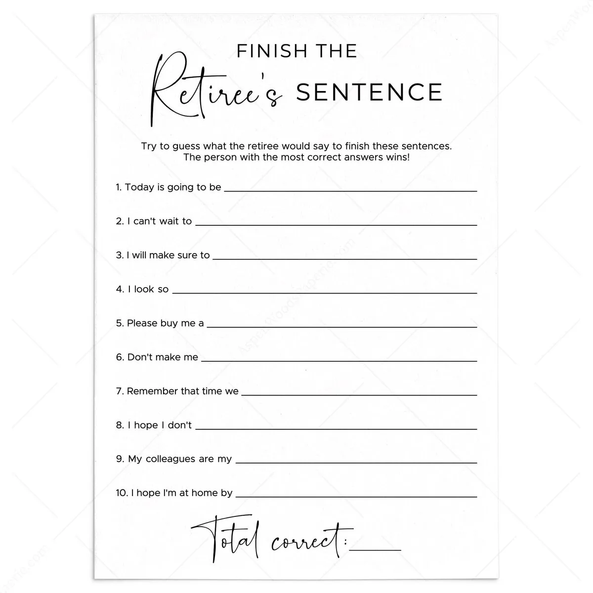Finish The Sentence of the Retiree Party Game | Instant Download