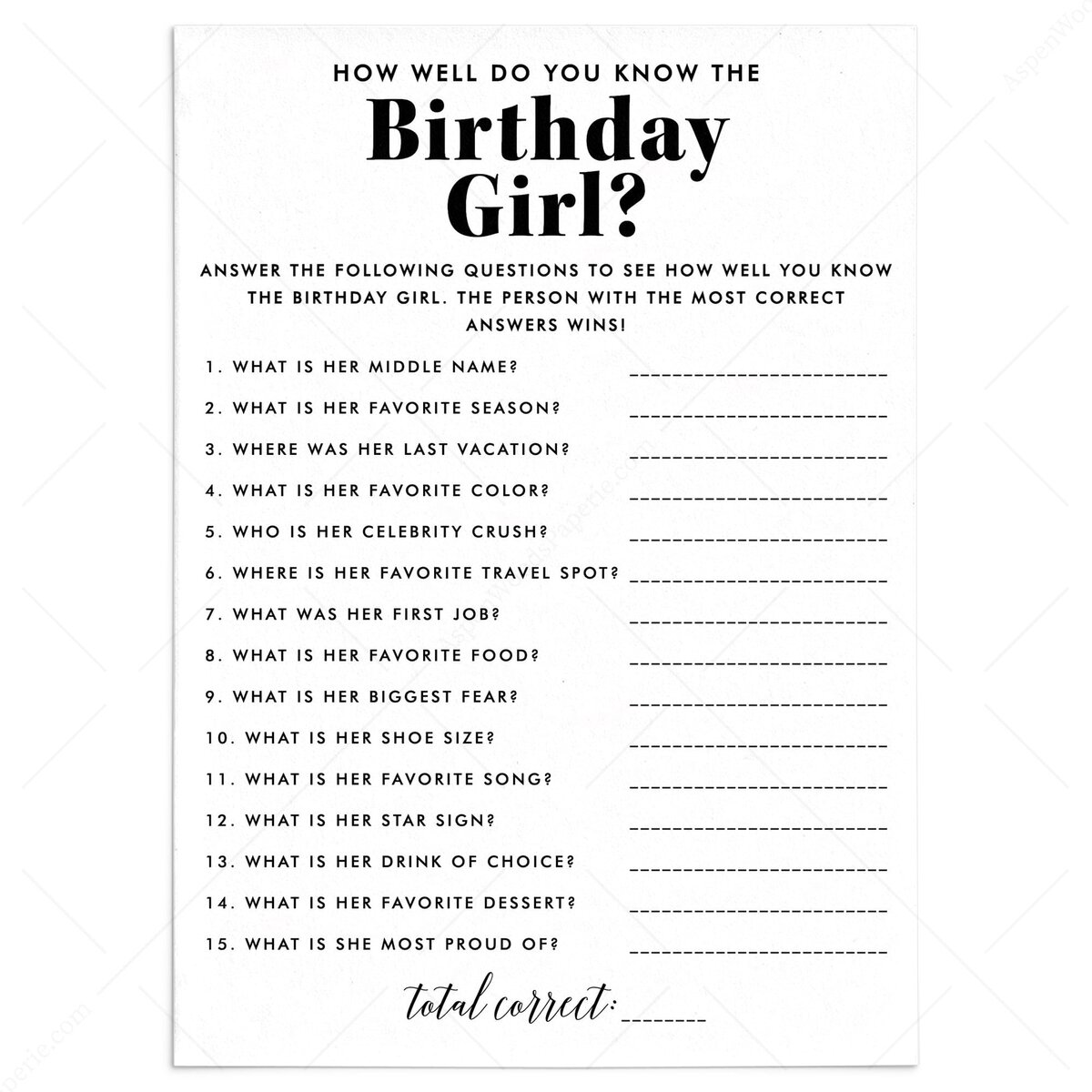 How Well Do You Know the Birthday Girl Game Printable | Modern Theme