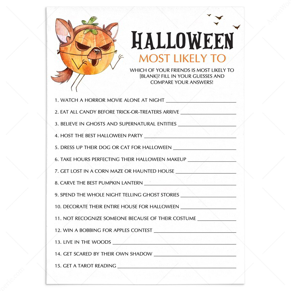 Unique Halloween Most Likely To Question Sheet Printable | Funny Questions