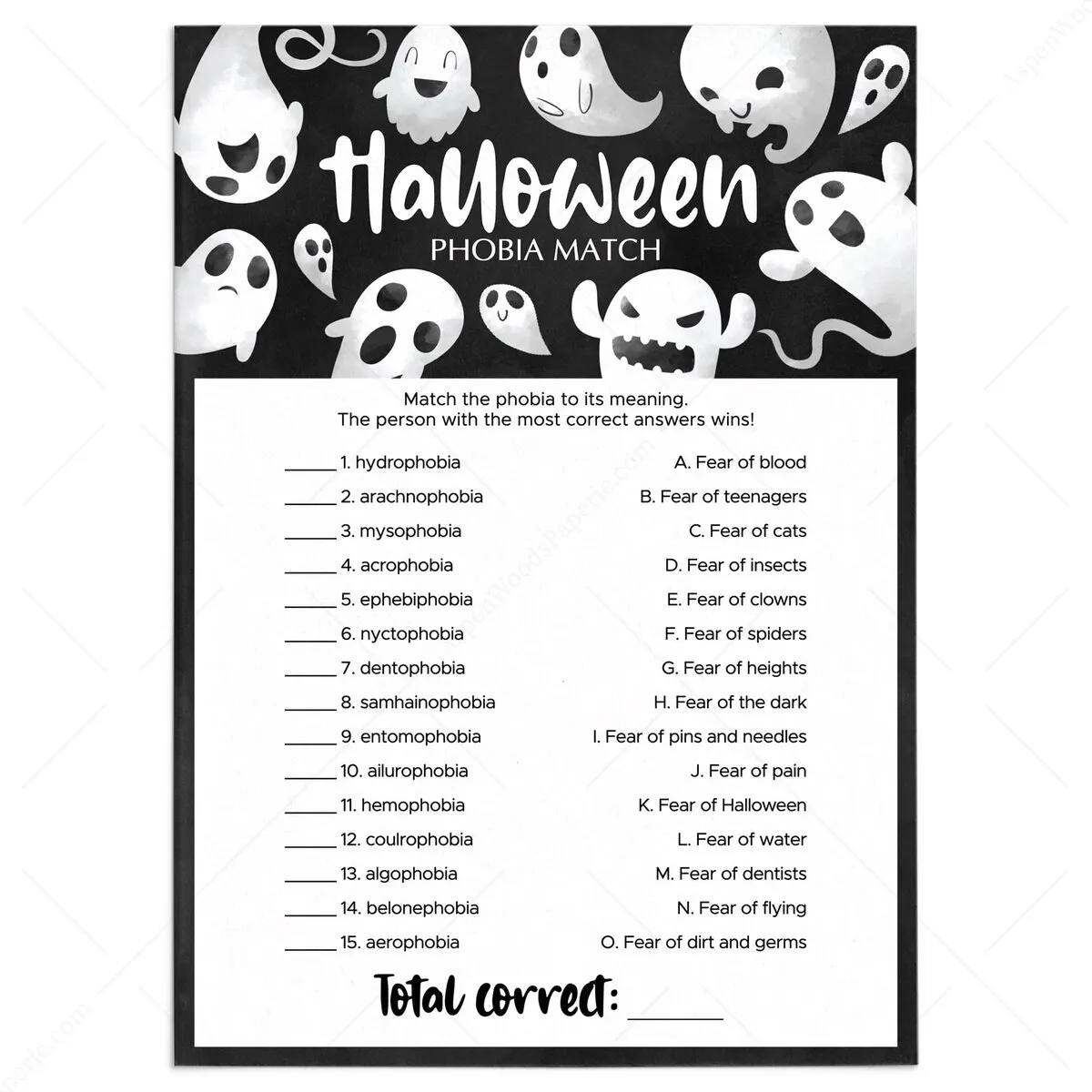 Educational Halloween Phobia Matching Game Printable | Phobia Match