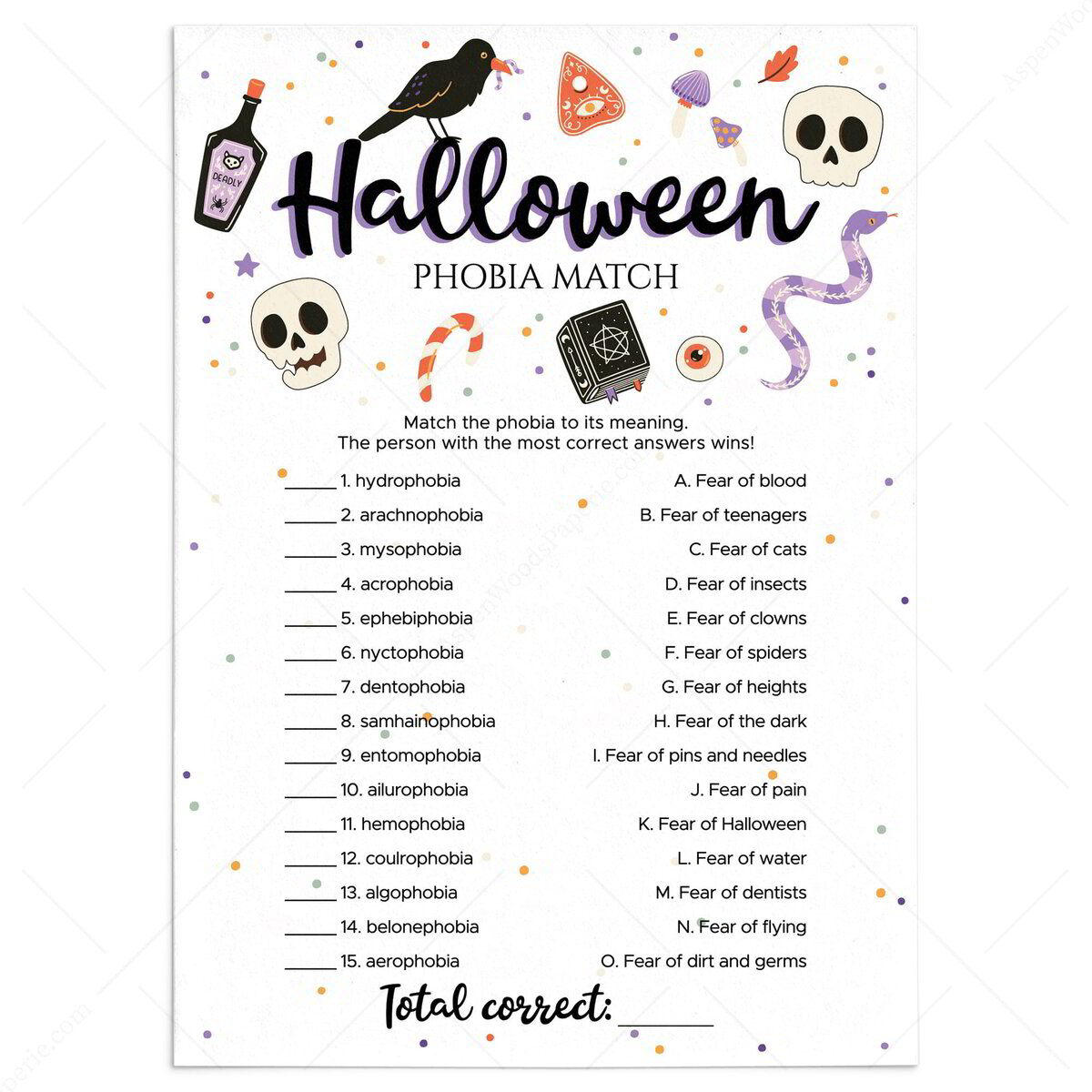 Phobia Match Up Game Printable | Halloween Rave Idea