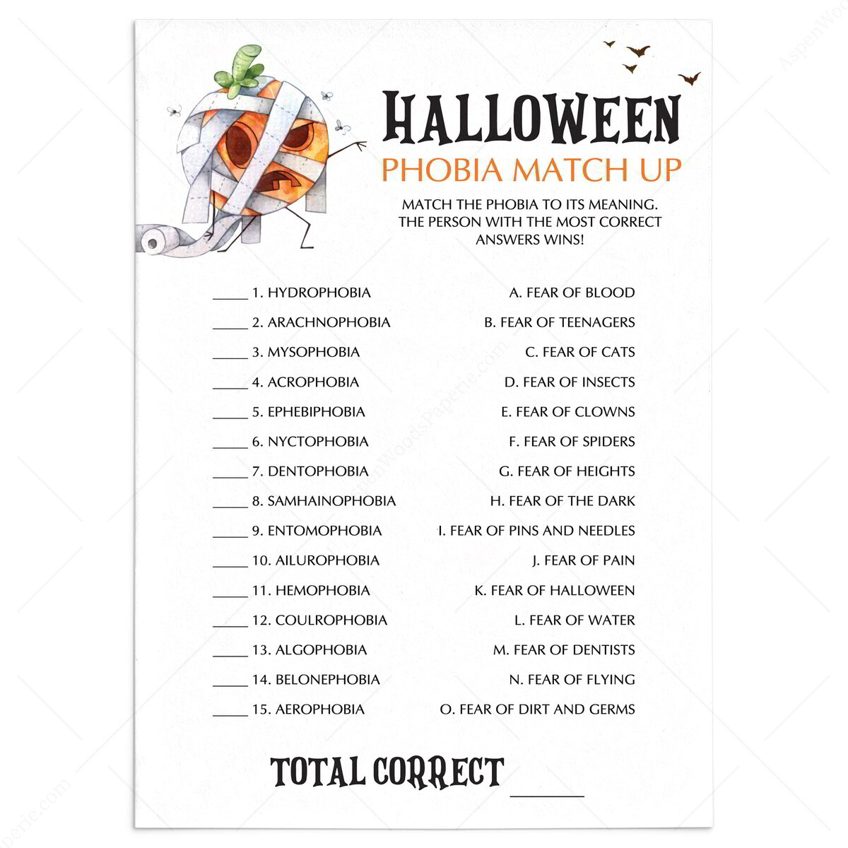 Phobia Match Up Game | Halloween Party Games College