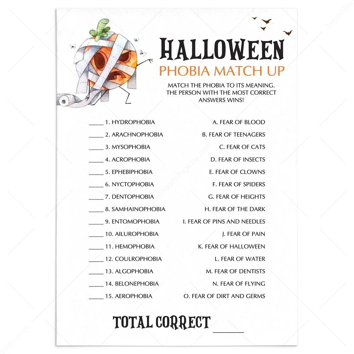 Phobia Match Up Game | Halloween Party Games College